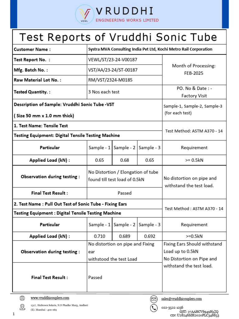Test Results for Vruddhi Sonic Tube | PDF | Physical Sciences | Applied ...