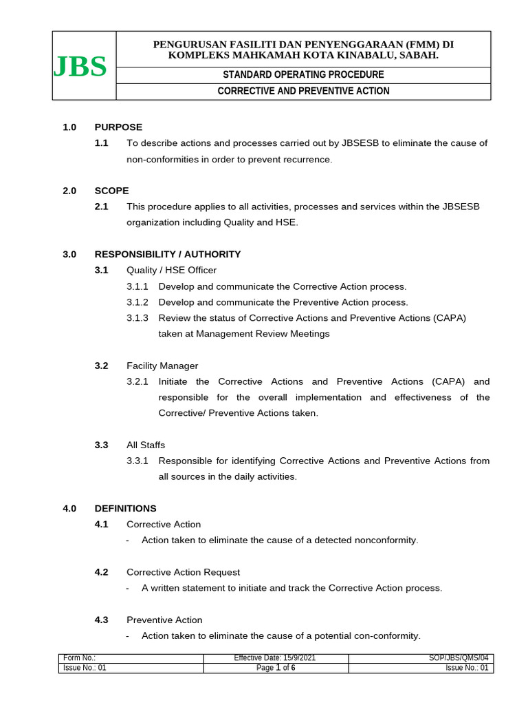 SOP-JBSESB-QMS-04 Corrective _ Preventive Action | PDF | Quality ...