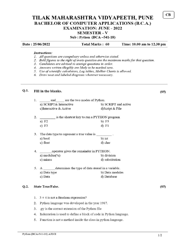 Python QP June 2022 Bca | PDF