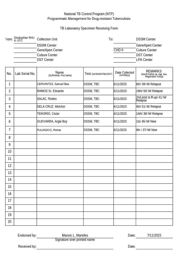 TB Laboratory Specimen Receiving Form | PDF | Tuberculosis | Clinical ...