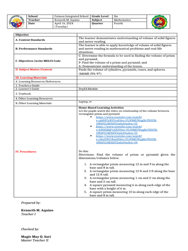 DLP Math6 April 16, 2024 Home-Based | PDF | Volume | Learning