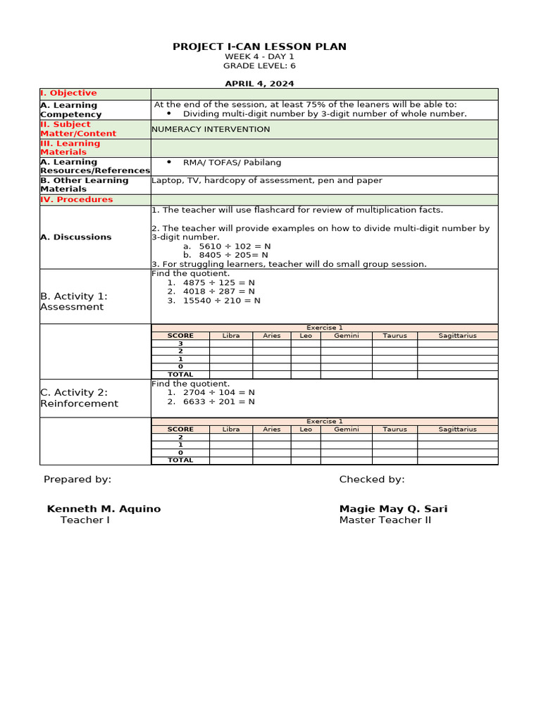 G6 Week4 Day1 NUMERACY INTERVENTION LESSON PLAN | PDF