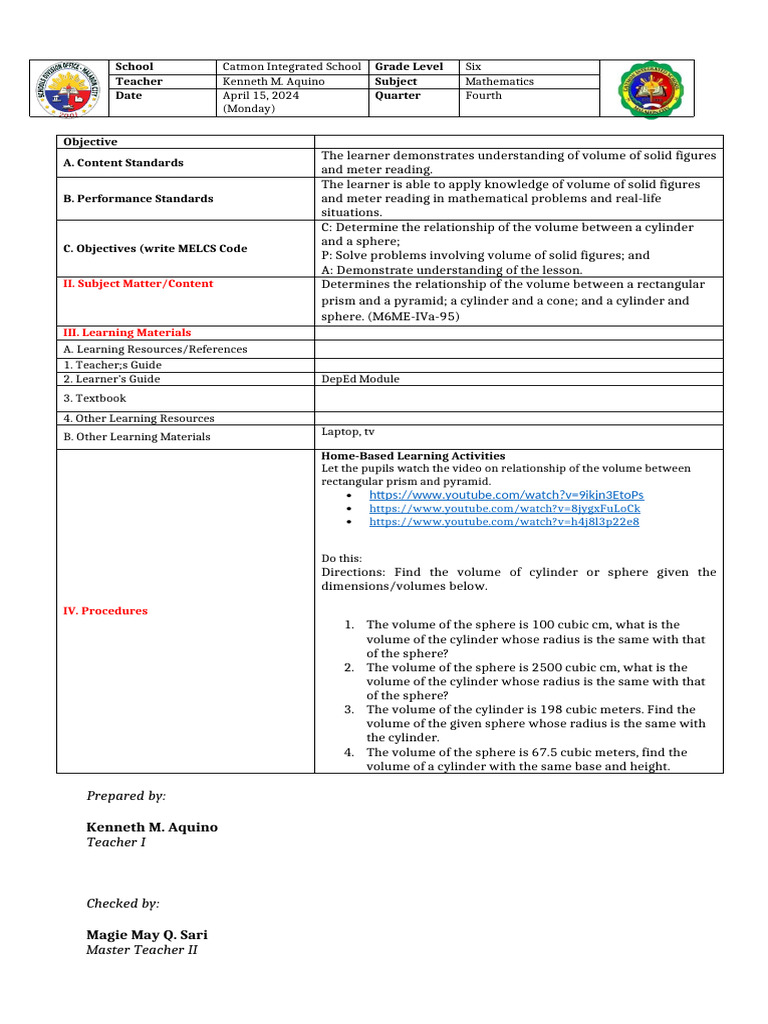 DLP Math6 April 15, 2024 Home Based. | PDF | Volume | Sphere