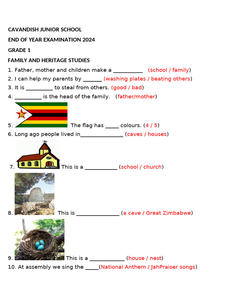 Grade 1 Family & Heritage Exam 2024 | PDF