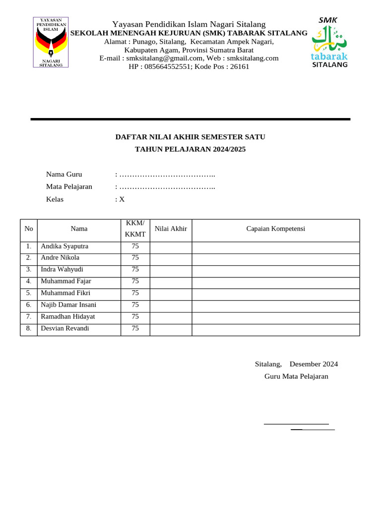 Template Nilai Rapor | PDF