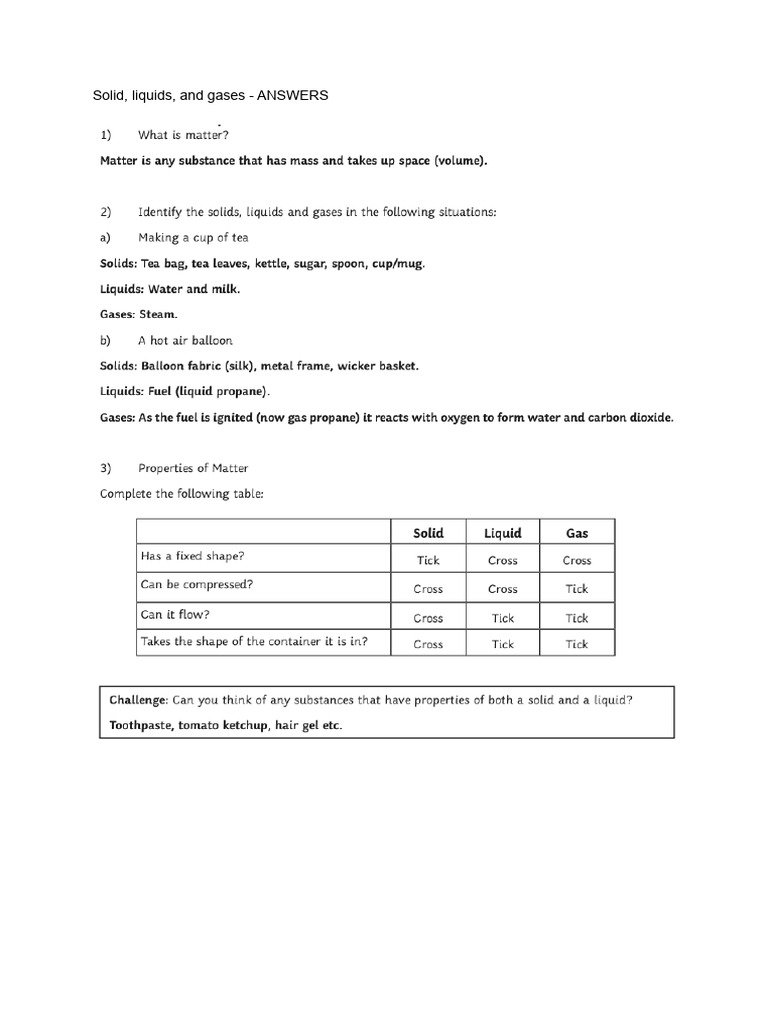 Solid, Liquids, and Gases - ANSWERS | PDF