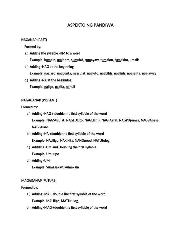 ASPEKTO NG PANDIWA Notes and Exercise | PDF