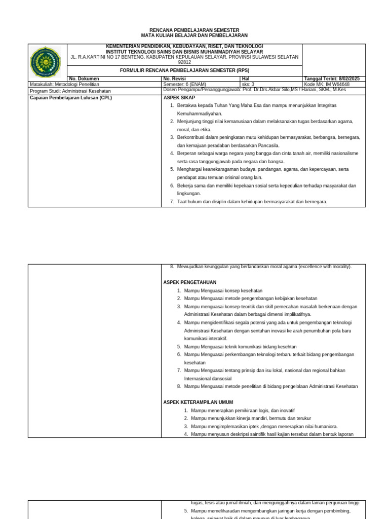 RPS Metodologi Penelitian | PDF