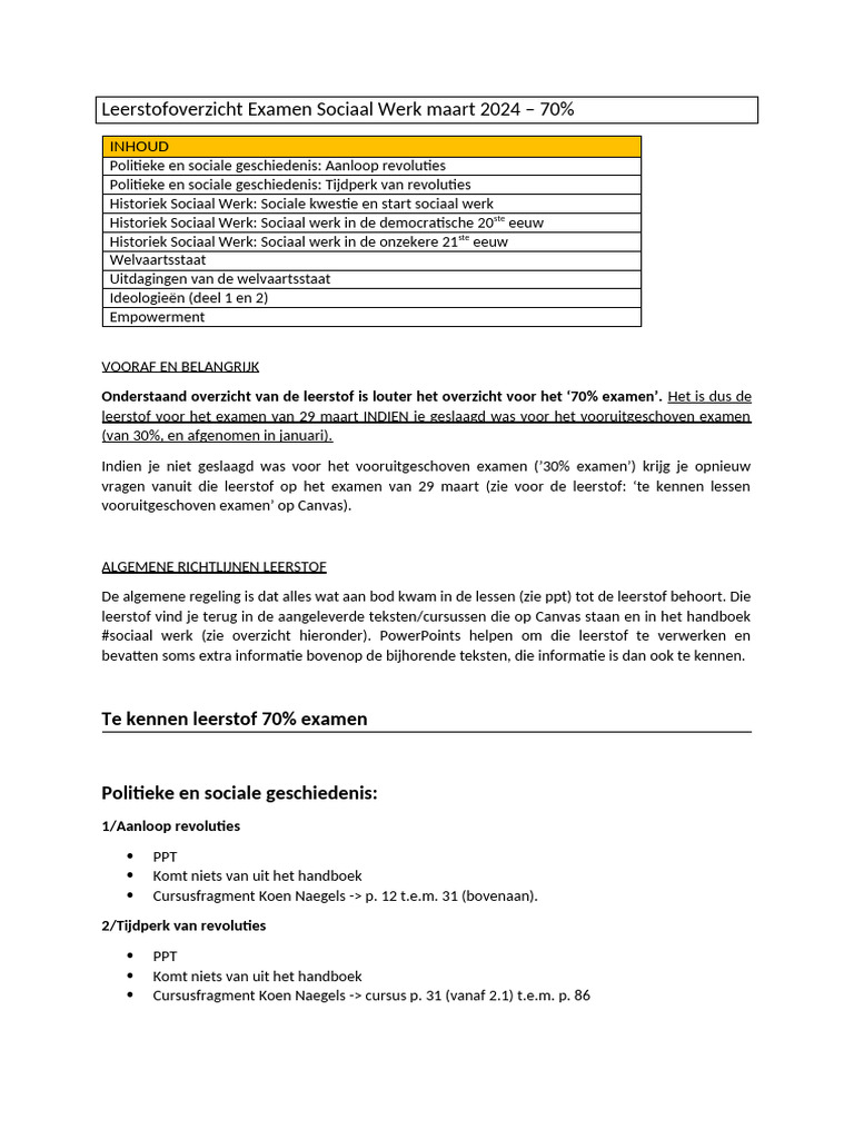 Leerstofoverzicht Examen Sociaal Werk (70%) | PDF