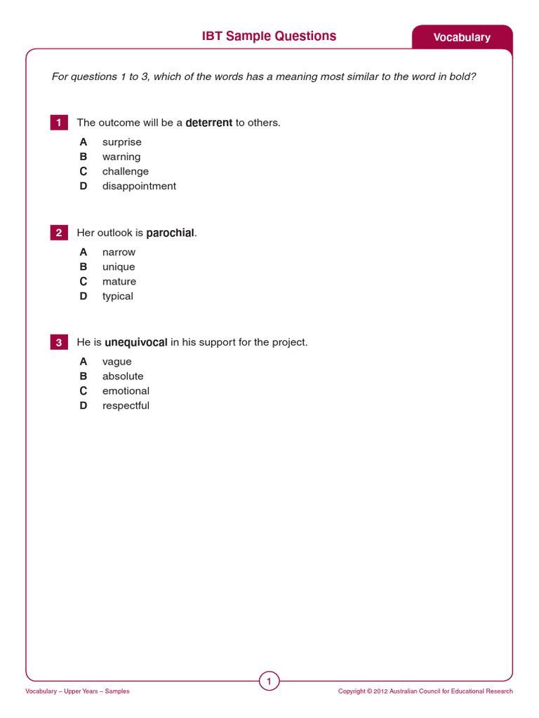 IBT English Vocabulary - Upper Years - Sample | PDF