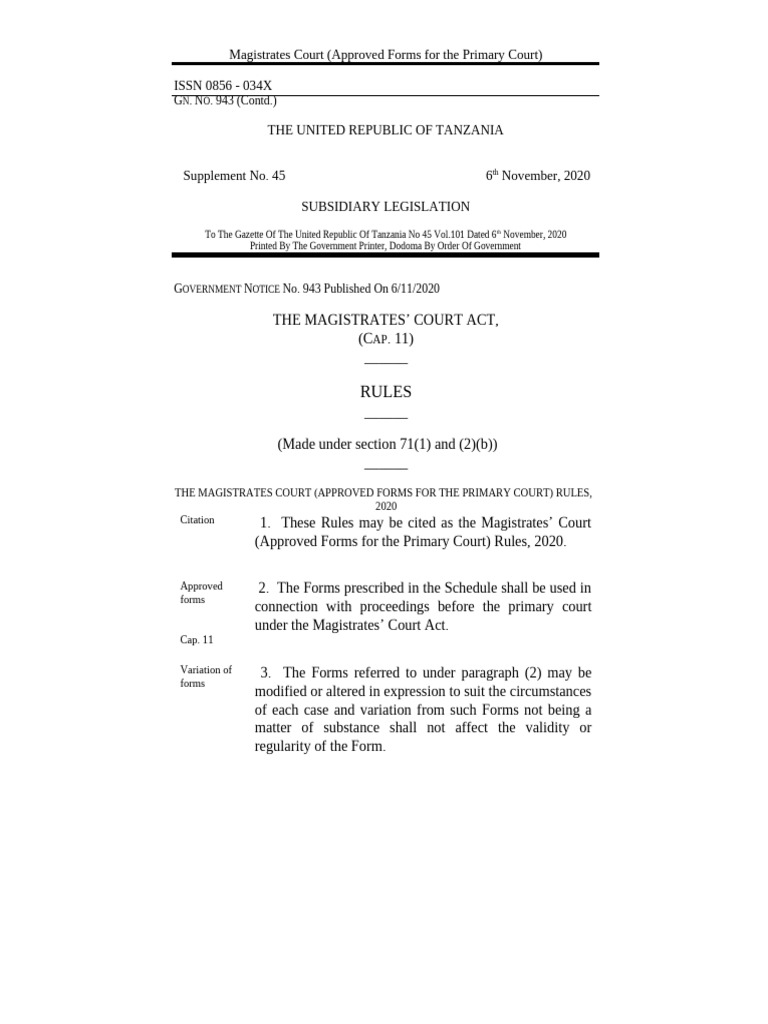 Primary Courts (Approved Forms) Rules, FORM 2020 JUMONG# | PDF
