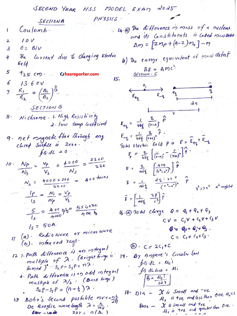 Plus Two Physics Key Model Exam 2025 - Hssreporter - 250217 - 144745 | PDF