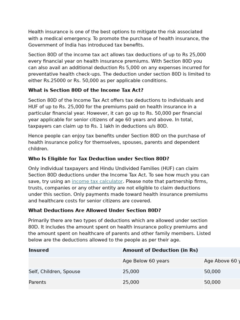 What Is Section 80D of The Income Tax Act? | PDF | Tax Deduction ...