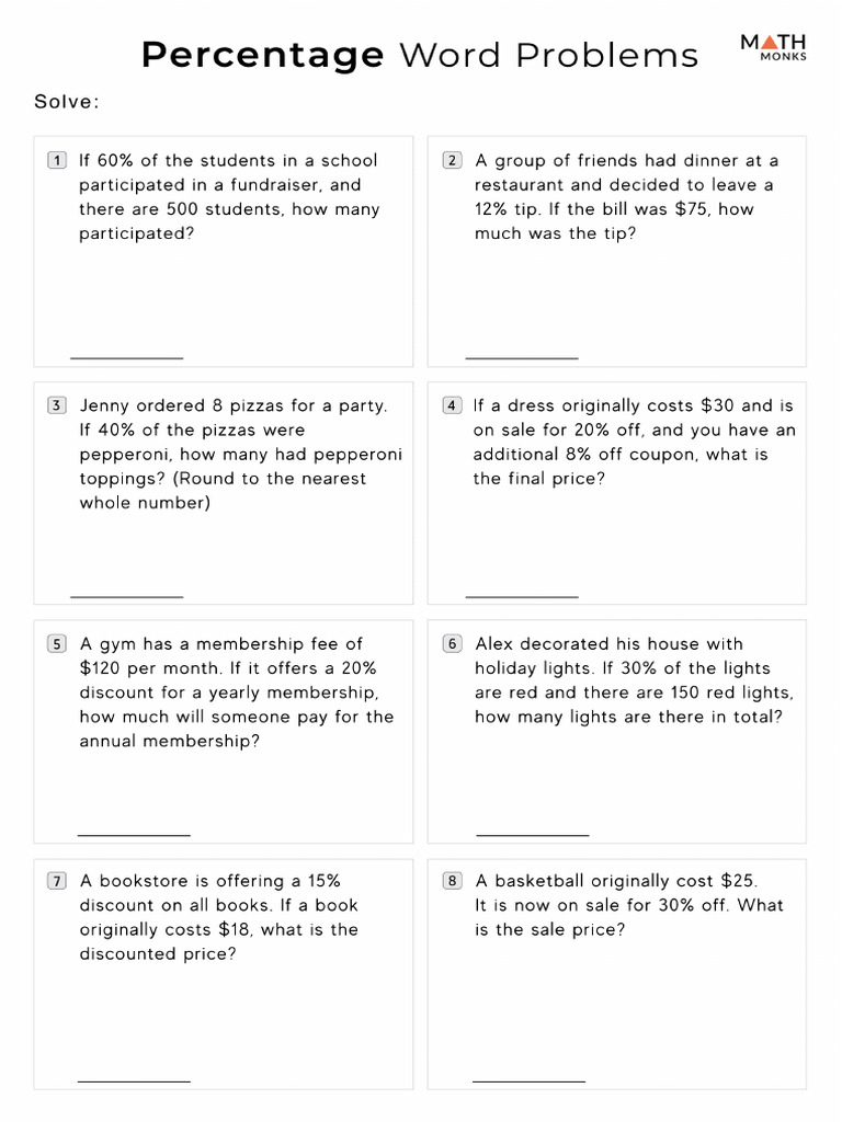 6th Grade Percentage Word Problems Worksheets | PDF