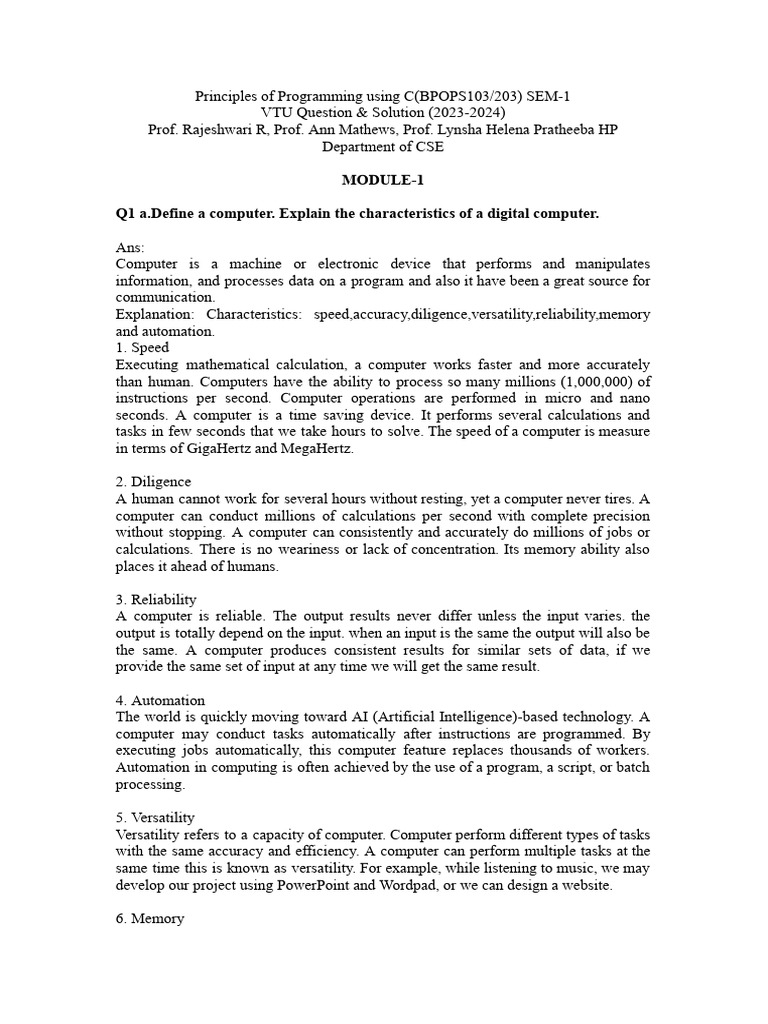 VTU Exam Question Paper With Solution of BPOPS103 - 203 Principles of Programming Using C Jan ...