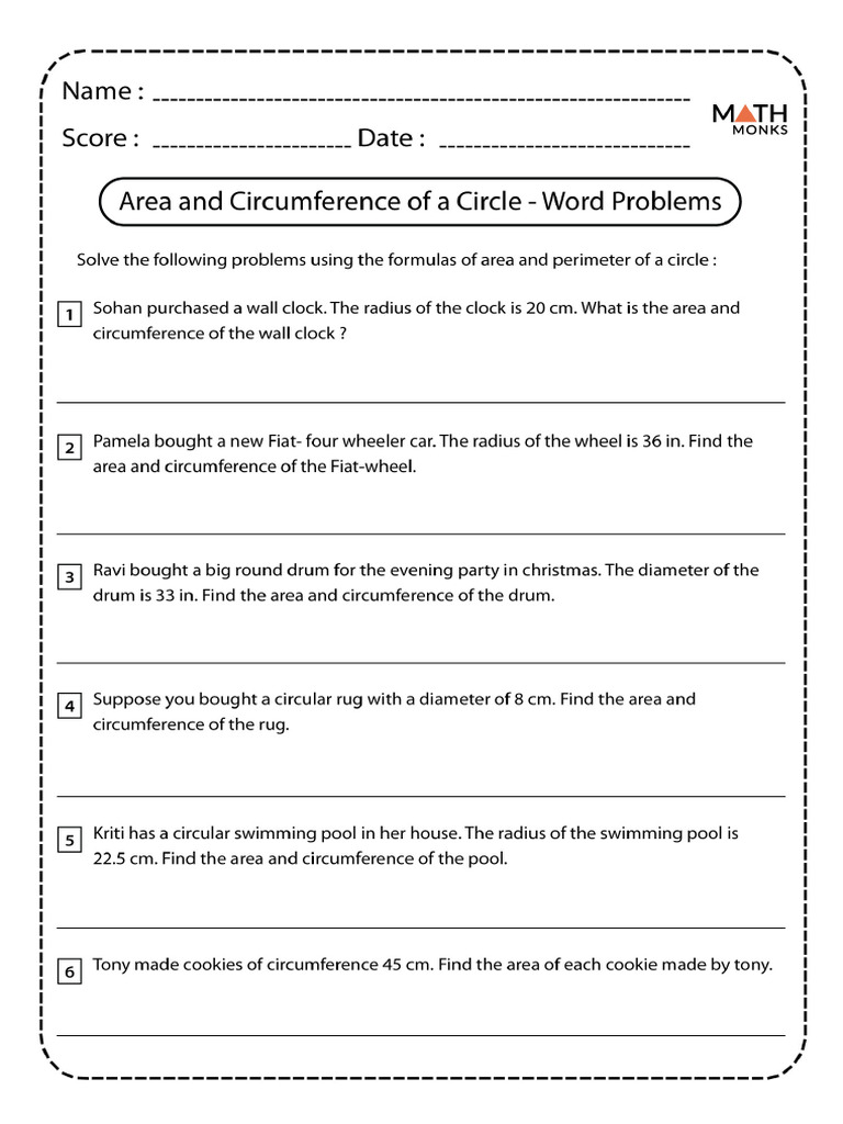 Area-and-Circumference-of-a-Circle-Word-Problems-Worksheet | PDF