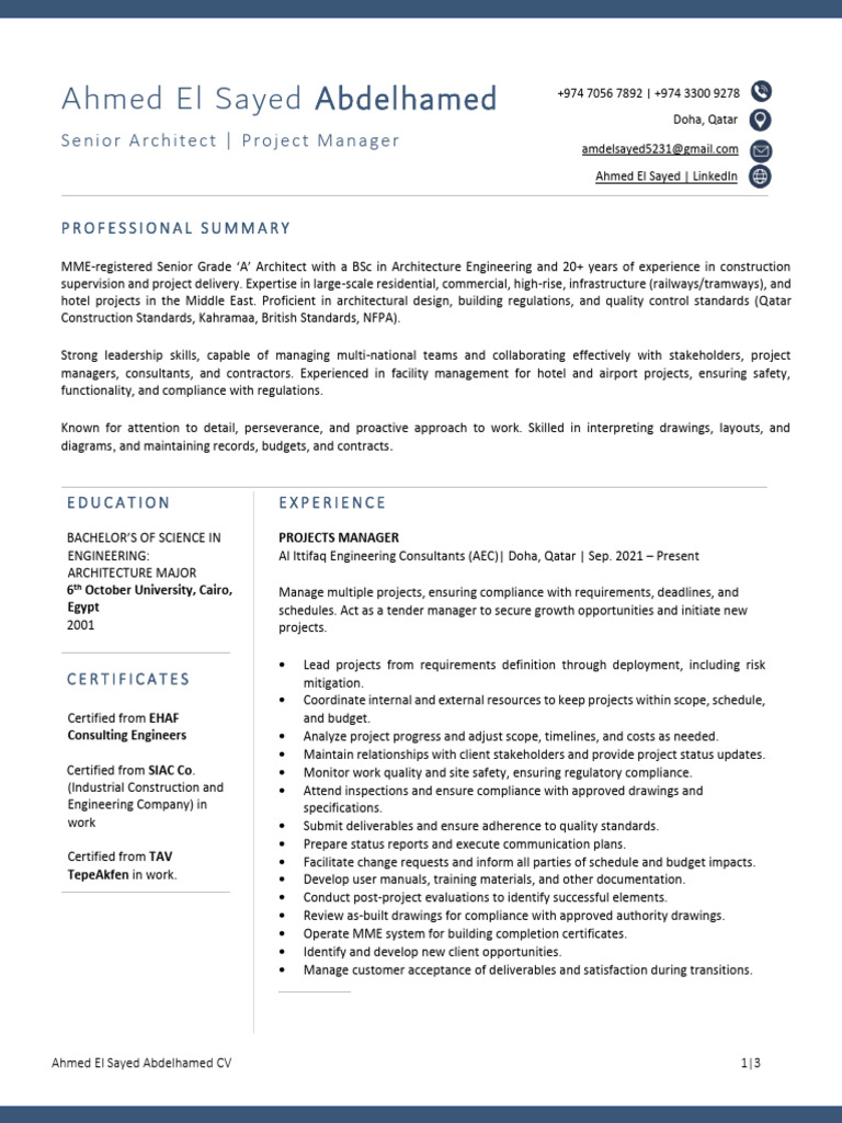 Senior Architect CV - Ahmed El Sayed | PDF | Regulatory Compliance | Project Management