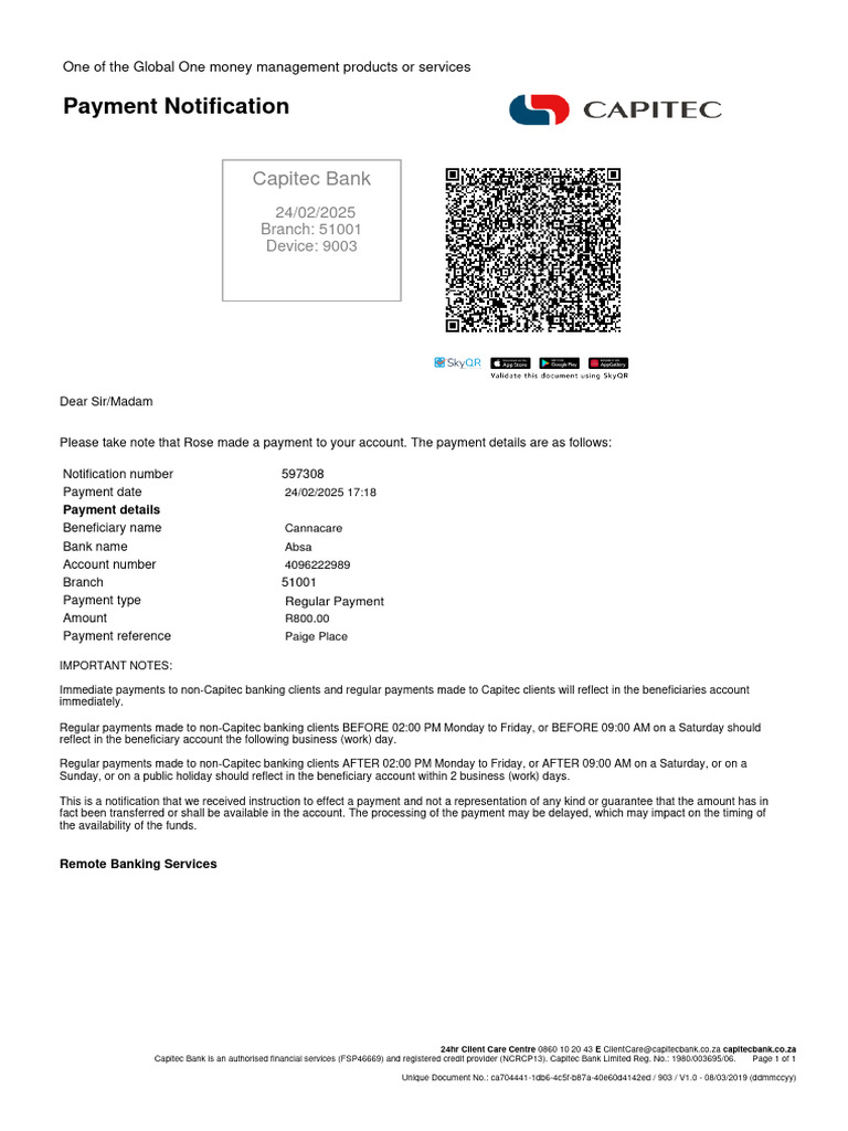 PaymentNotification Capitec | PDF