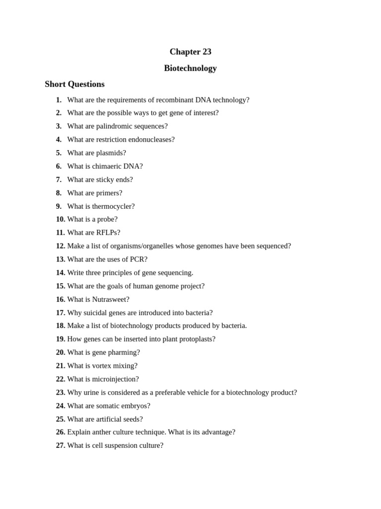 Biotechnology Short Questions | PDF