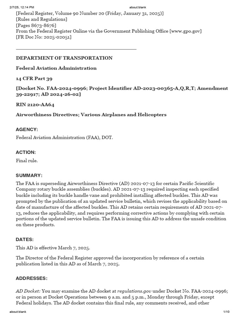 Faa Ad 2024-26-02 | PDF | Federal Aviation Administration | Transport
