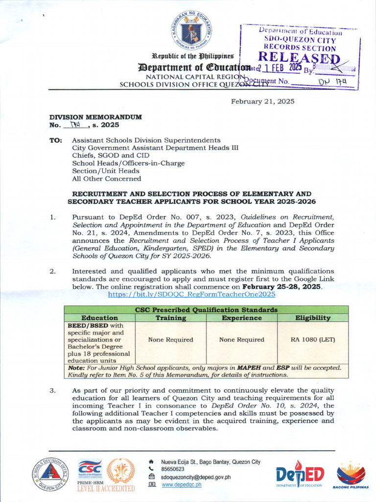 DM No. 174 S. 2025 - Recruitment and Selection Process of Elementary ...