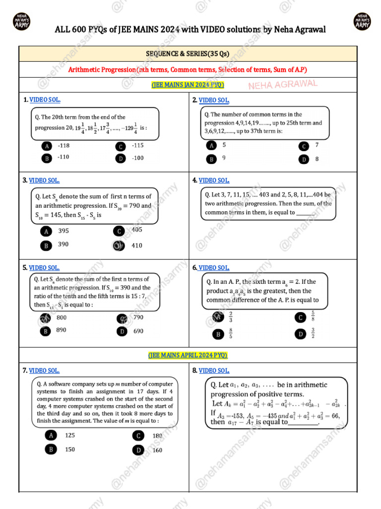 Chapterwise - All 600 Pyqs of Jee 2024 (Jan+April) | PDF | Trigonometry | Determinant