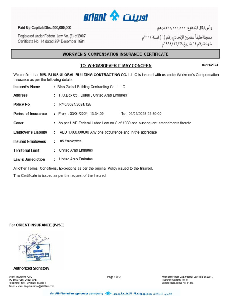 Workmen's Compensation Insurance Certificate | PDF | United Arab ...