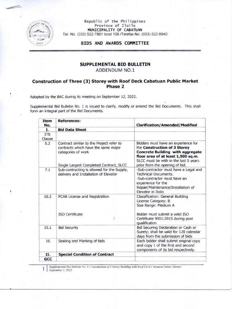 Supplemental Bid Bulletin No. 1 Construction of Three 3 Storey With Roof Deck Cabatuan Public ...