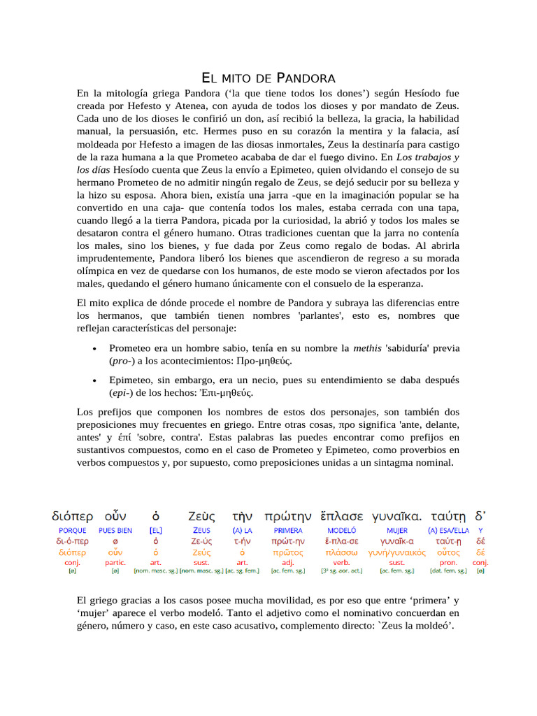 Mito de Pandora: Origen y Significado | PDF | Prometeo | Sintaxis