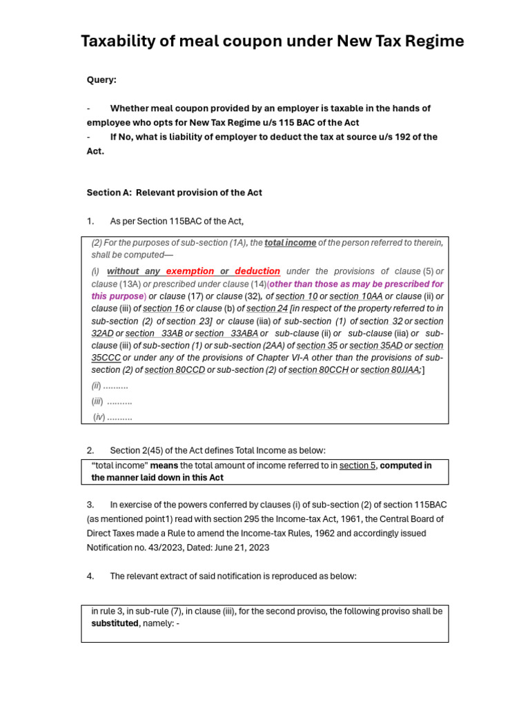 Meal Coupon Taxation in New Regime | PDF | Employee Benefits | Tax ...