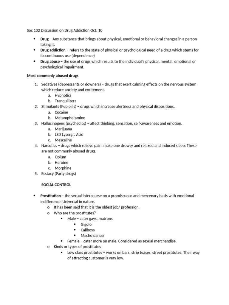 Soc 102 Discussion On Drug Adiction | PDF | Drugs | Prostitution