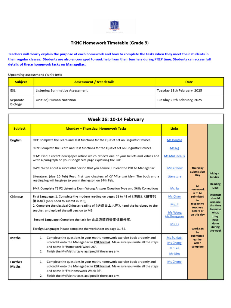 2024-25 Grade 9 Week 26 Homework Timetable | PDF | Homework