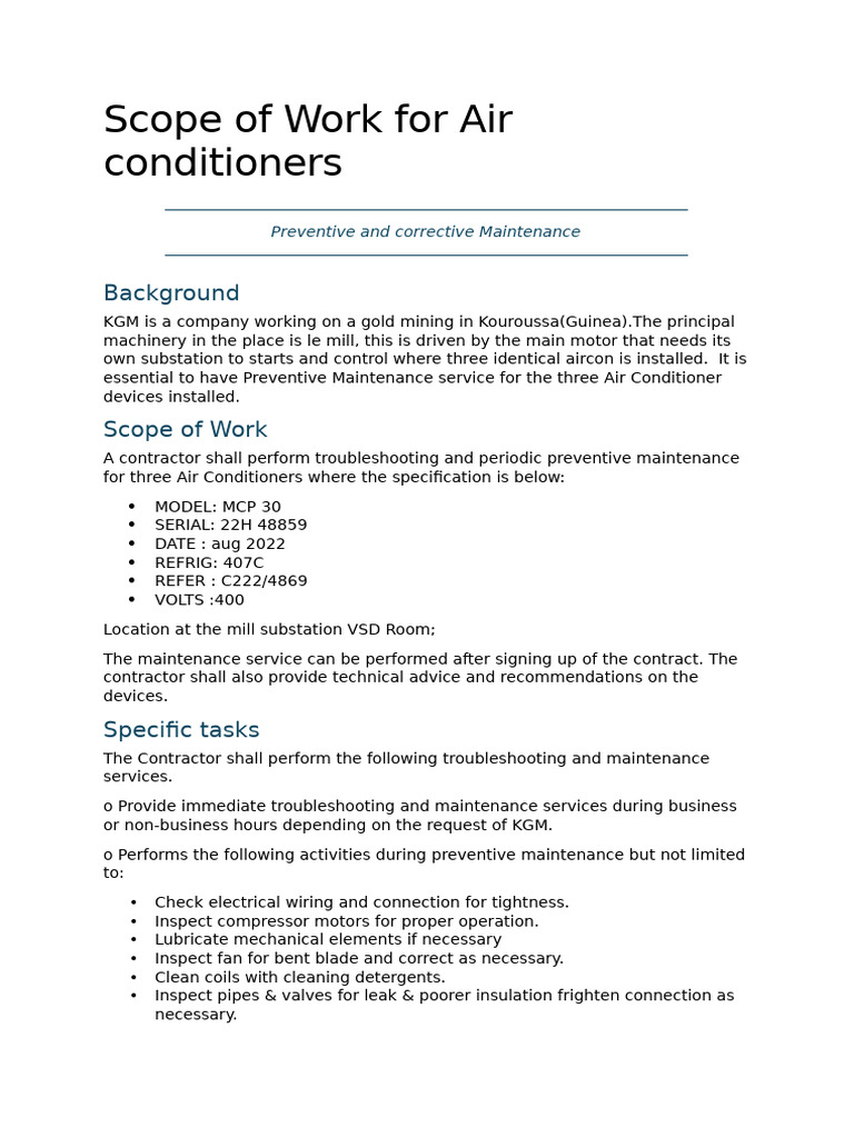 Scope of Work For Air Conditioners | PDF | Air Conditioning ...