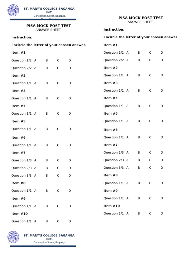 PISA - Answer Sheet - SMCBI | PDF