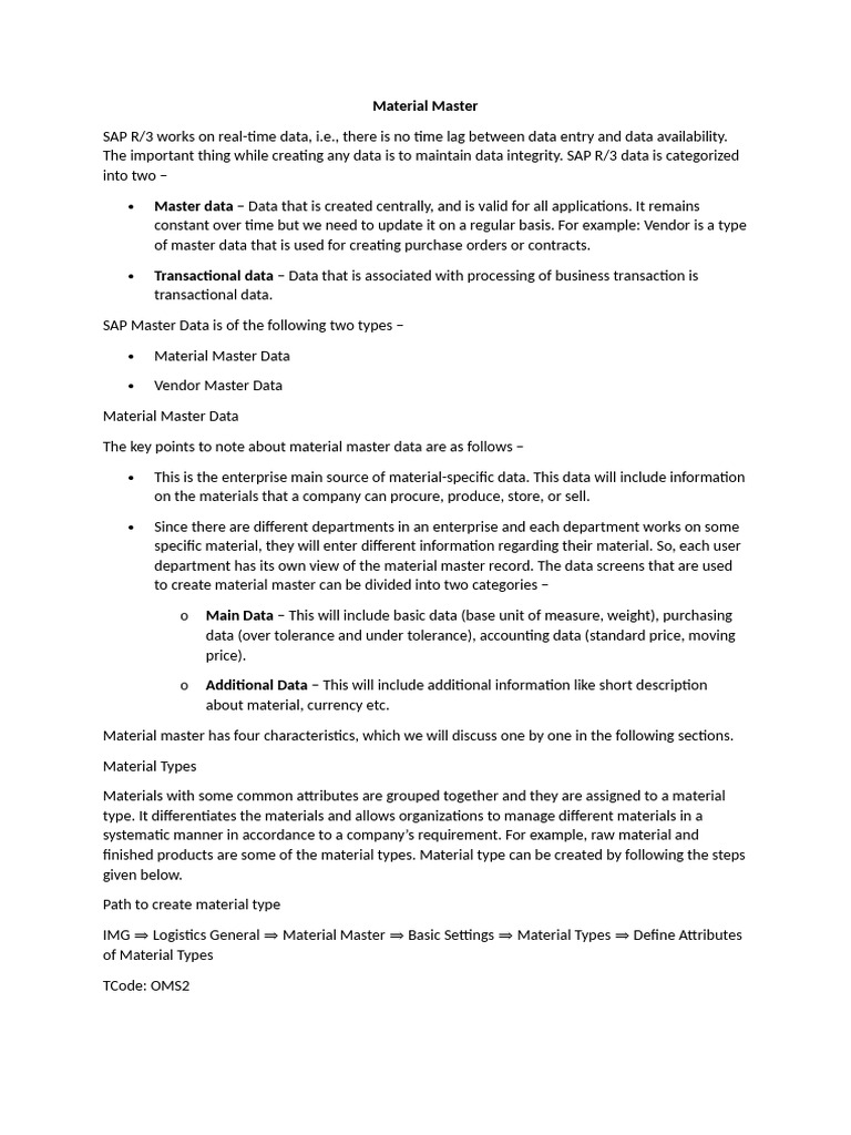 Class 5 and 6 - Master Data - Material Master Data | PDF | Data | Business