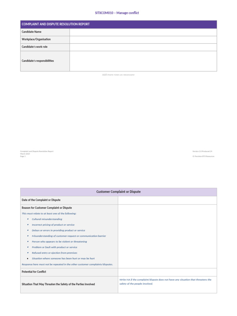 SITXCOM010 Complaint and Dispute Resolution Report v2.0 | PDF | Business