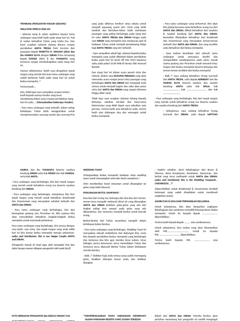 Draf MC Resepsi Pernikahan Anita & Diran | PDF