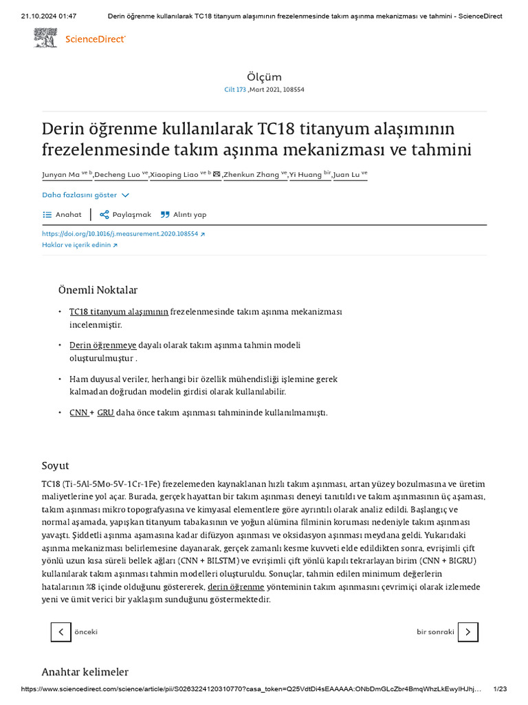 Derin Öğrenme Kullanılarak TC18 Titanyum Alaşımının Frezelenmesinde Takım Aşınma Mekanizması Ve ...