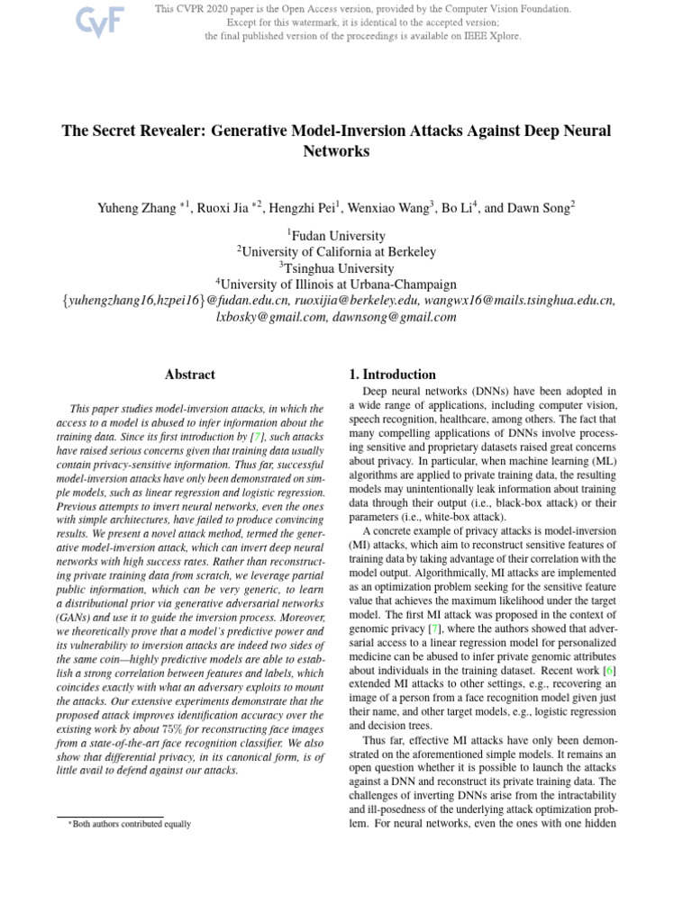 Zhang The Secret Revealer Generative Model Inversion Attacks Against Deep Neural Networks Cvpr