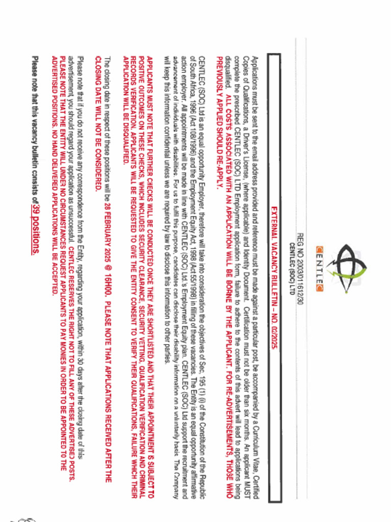 Centlec Vacancies Advert | PDF