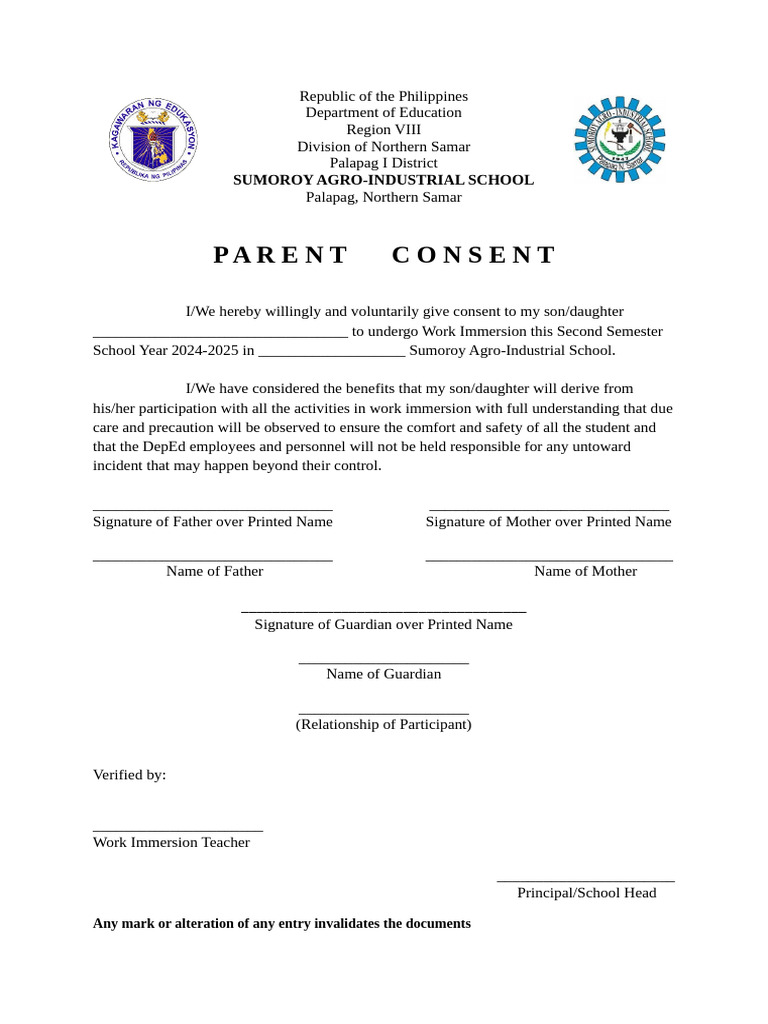 Parent Consent for Work Immersion | PDF