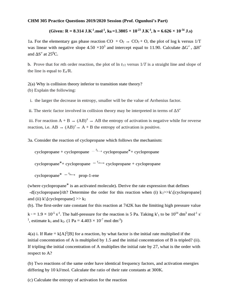 CHM 305 Practice Questions 2019/2020 | PDF | Reaction Rate Constant ...
