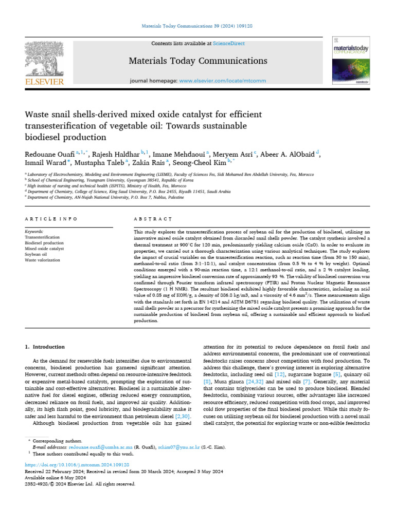 Waste Snail Shells-Derived Mixed Oxide Catalyst For Efficient ...