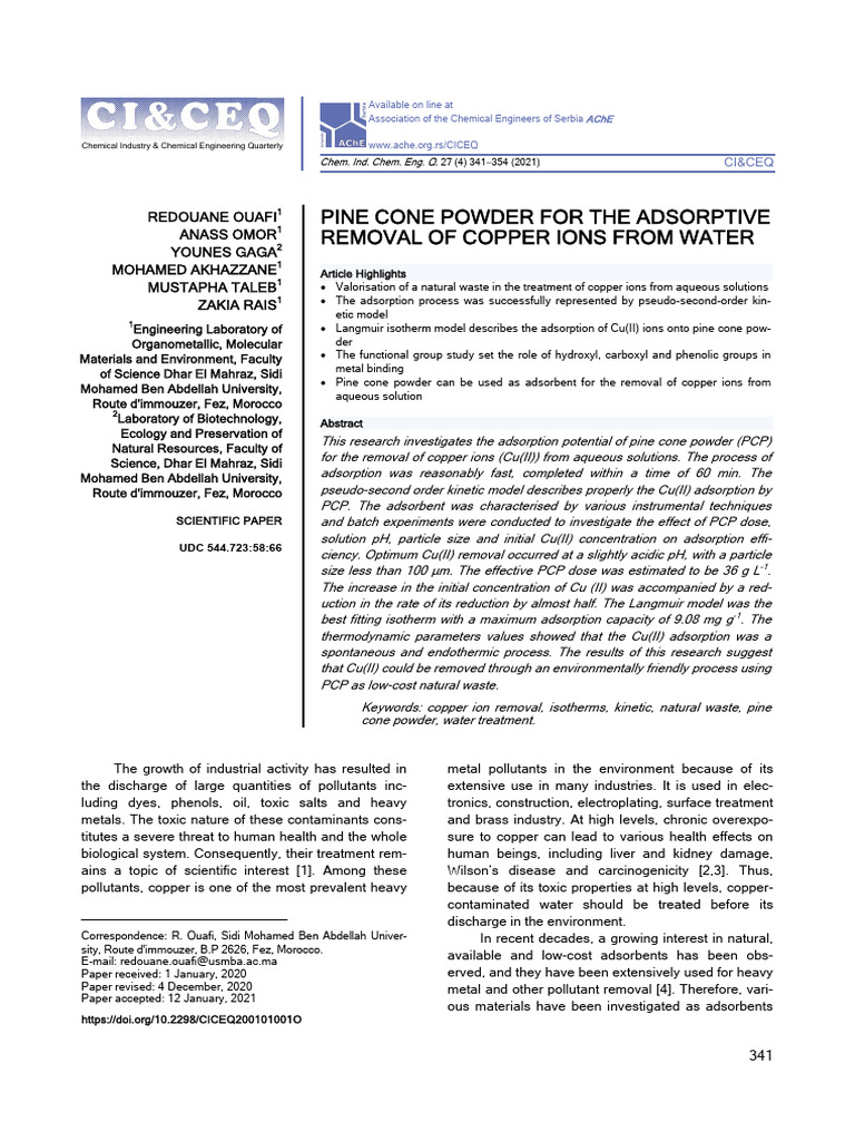 Pine Cones Powder For The Adsorptive Removal of Copper Ions From Water ...