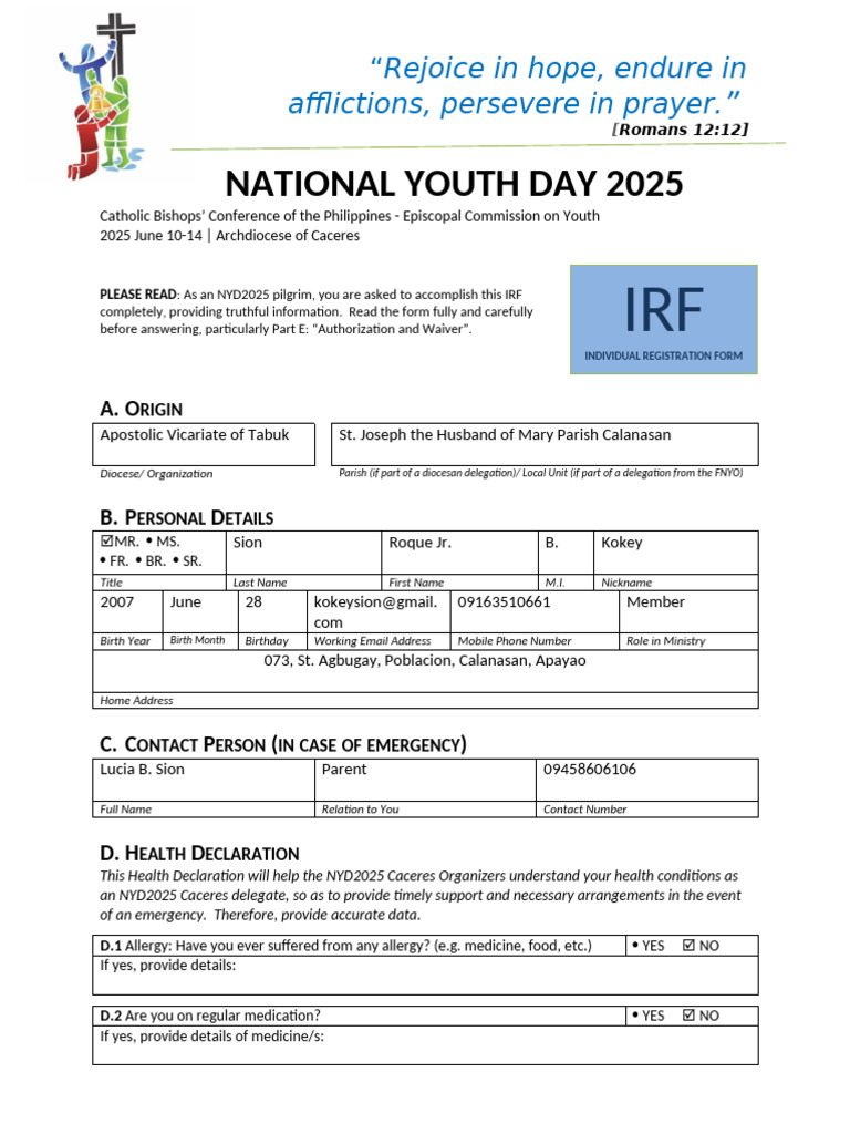 NYD2025 IRF Individual Registration Form | PDF | Diocese | Catholic Church