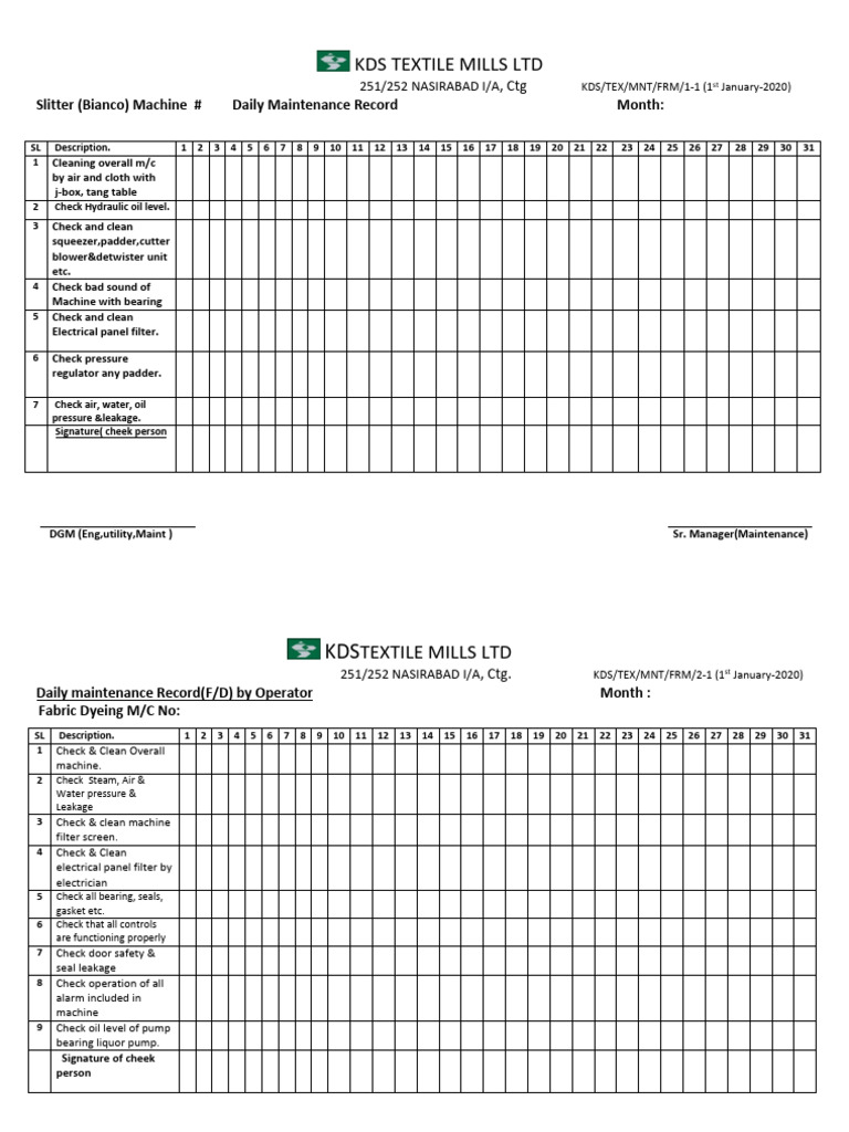 Daily Maint Sheet | PDF | Textiles | Manufactured Goods