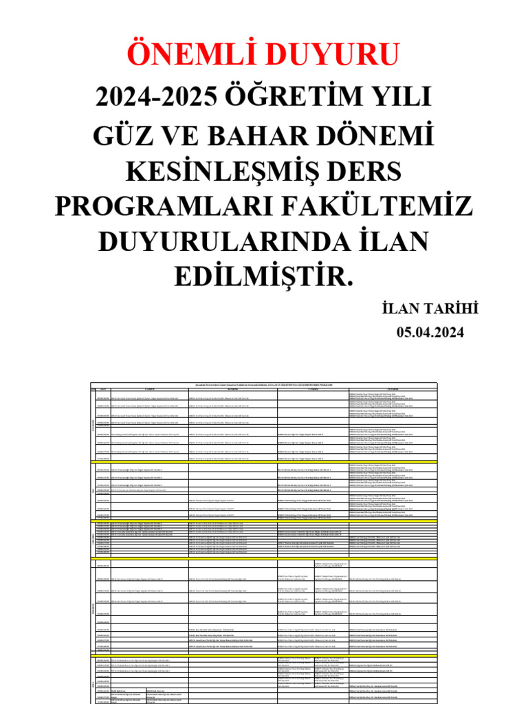 2024 2025 Ogretim Yili Guz Ve Bahar Donemi Kesinlesmis Ders Programi E7c09c0b5290dd93 | PDF