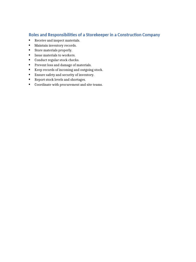 Storekeeper Responsibilities in Construction | PDF