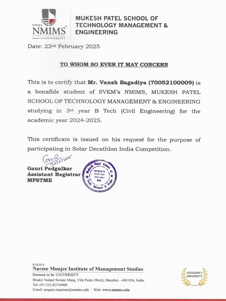 Bonafide Certificate - Vansh Bagadiya | PDF