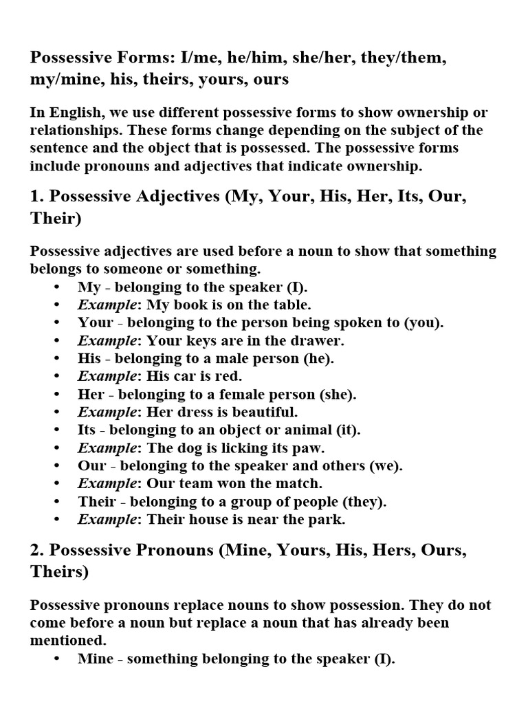 Possessive Forms - I:Me, He:Him, She:Her, They:Them, My:Mine, His ...